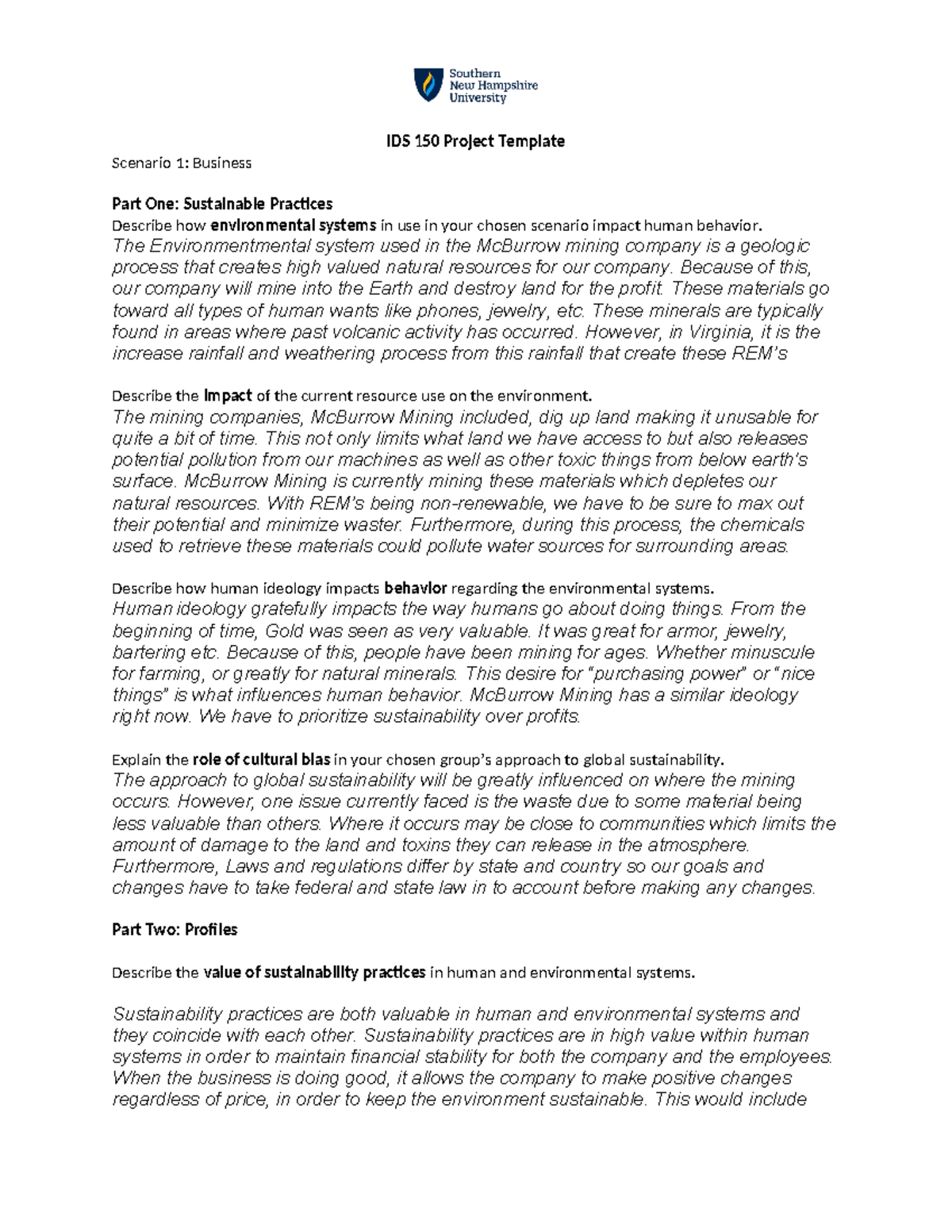 IDS 150 Project - IDS 150 Project Template Scenario 1: Business Part ...