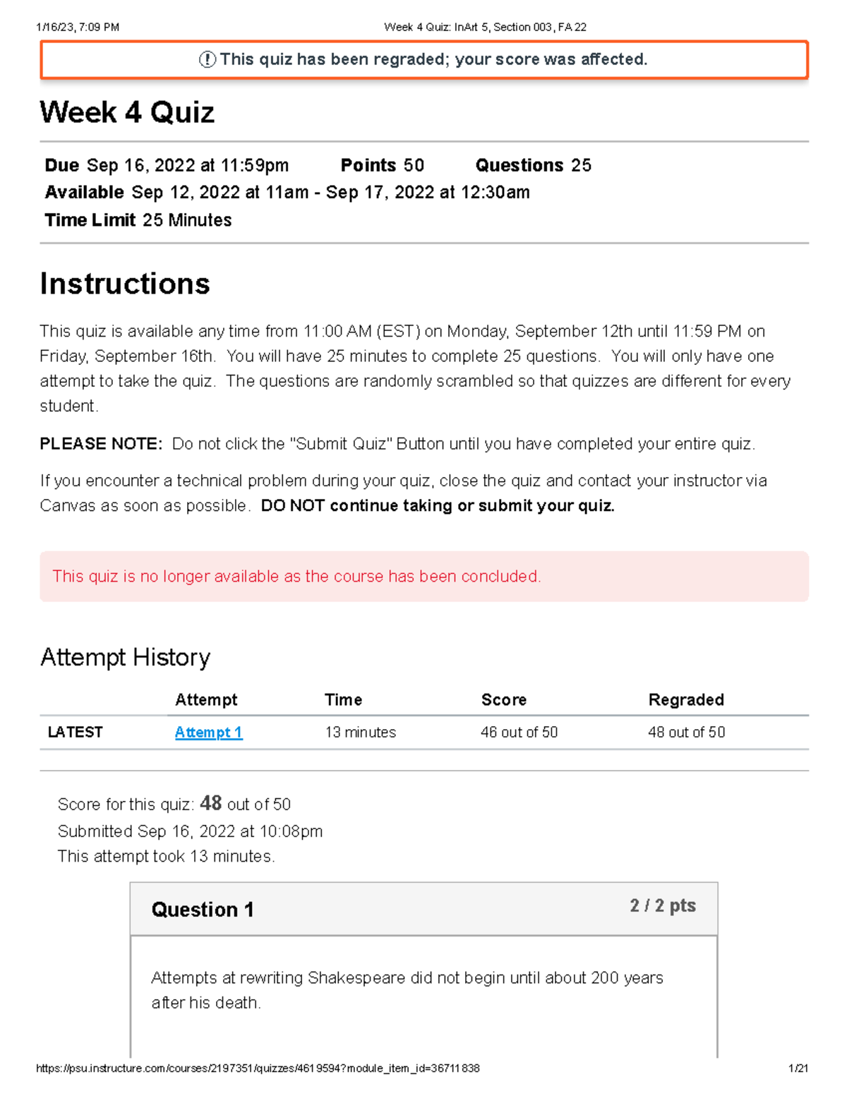 Week 4 Quiz In Art 5, Section 003, FA 22 - This quiz has been regraded; your score was affected ...