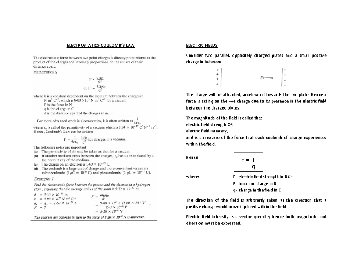 Electric Fields - ELECTROSTATICS‐COULOMB’S LAW ELECTRIC FIELDS Consider ...