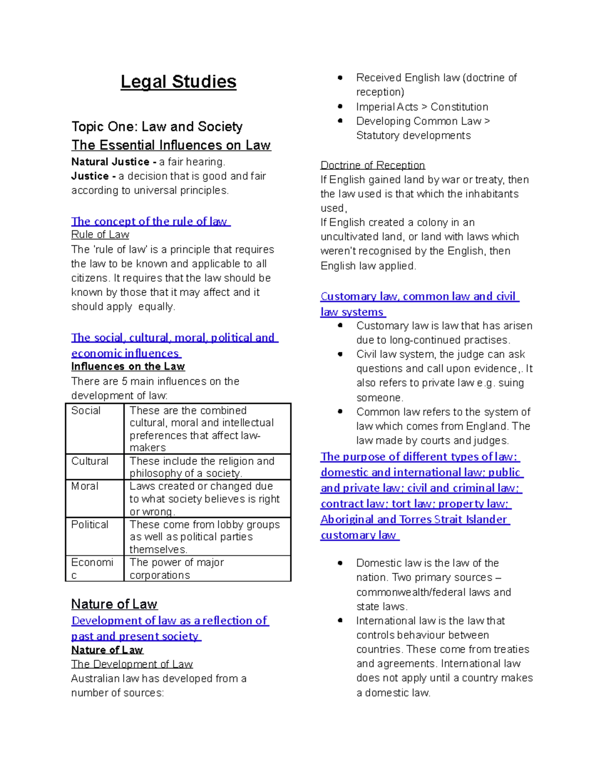 Legal Studies Notes - Legal Studies Topic One: Law and Society The ...