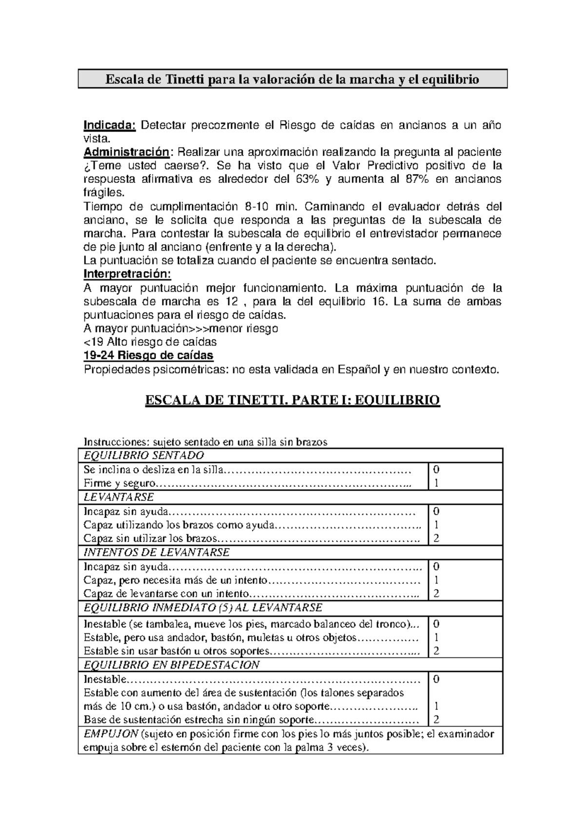 Escala Tinetti- escala de marcha y equilibrio - Escala de Tinetti para ...