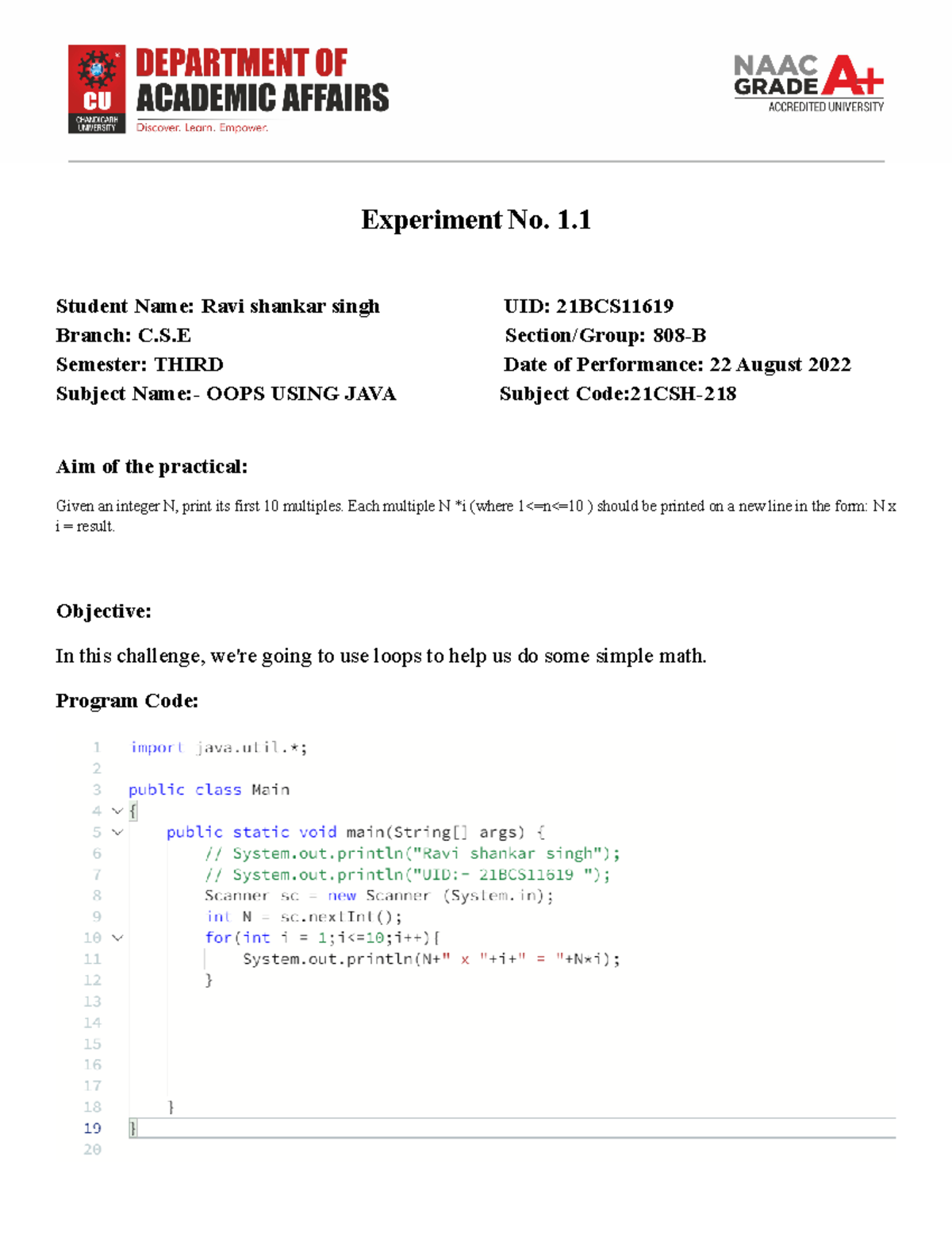 21BCS11619 RAVI Shankar Singh OPPS 1 - Experiment No. 1. Student Name: Ravi shankar singh UID ...