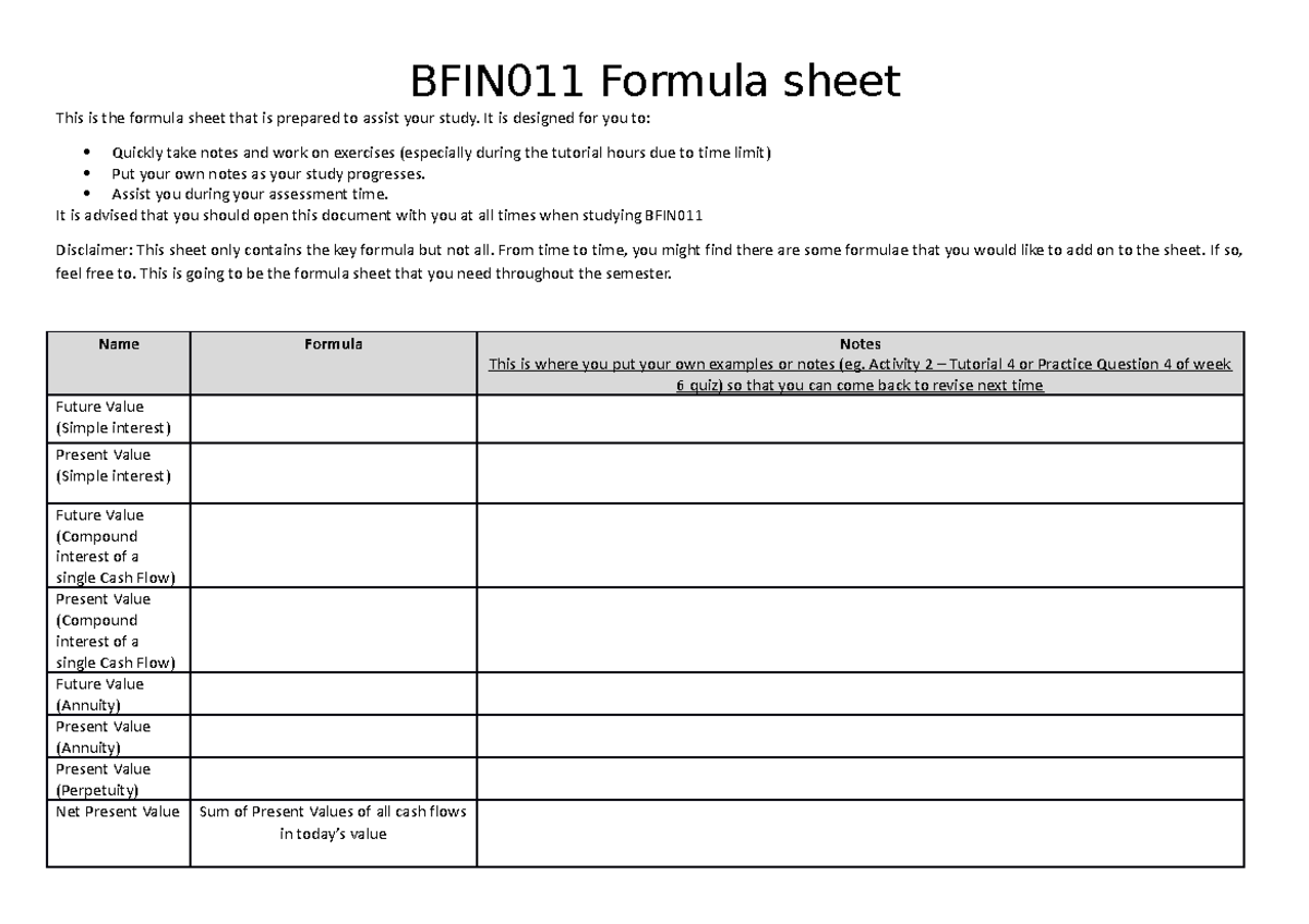 Formula sheet - It is designed for you to: Quickly take notes and work ...