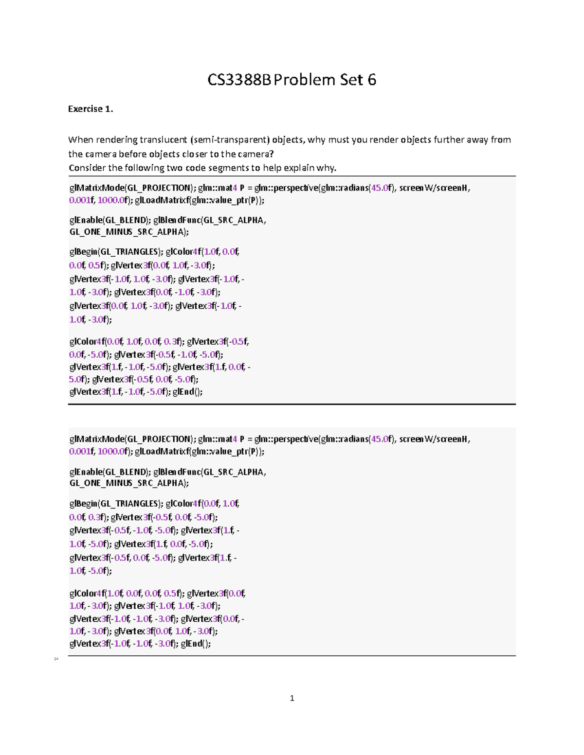 CS3388-Problem Set 6-2024 - CS3388B Problem Set 6 Exercise 1. When rendering translucent - Studocu