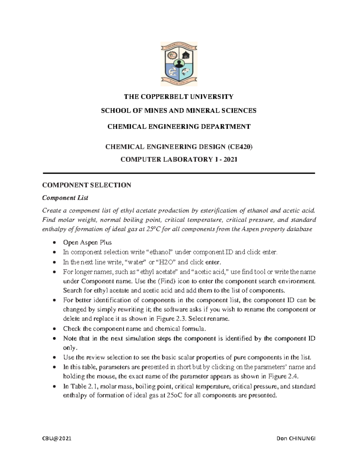 chemical engineering design lab 1 - CBU@2021 Don CHINUNGI THE ...