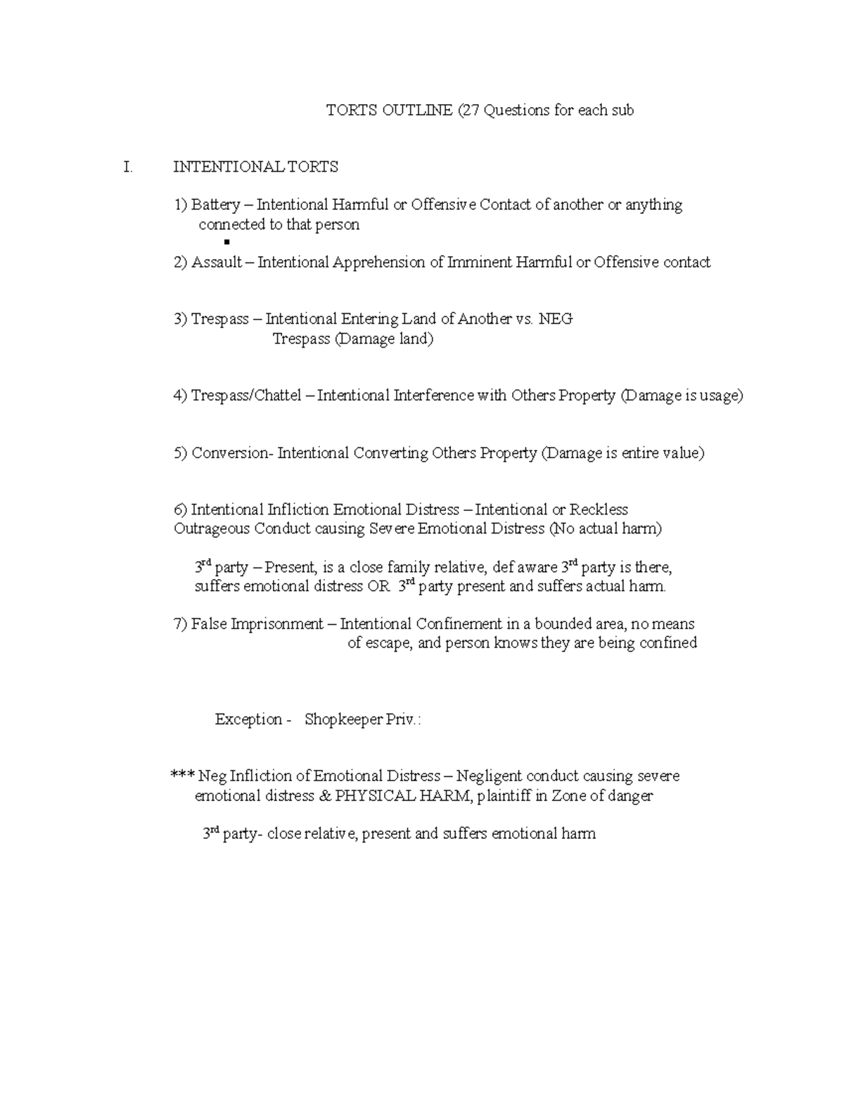 Torts Outline - MBE Lab - TORTS OUTLINE (27 Questions for each sub I ...