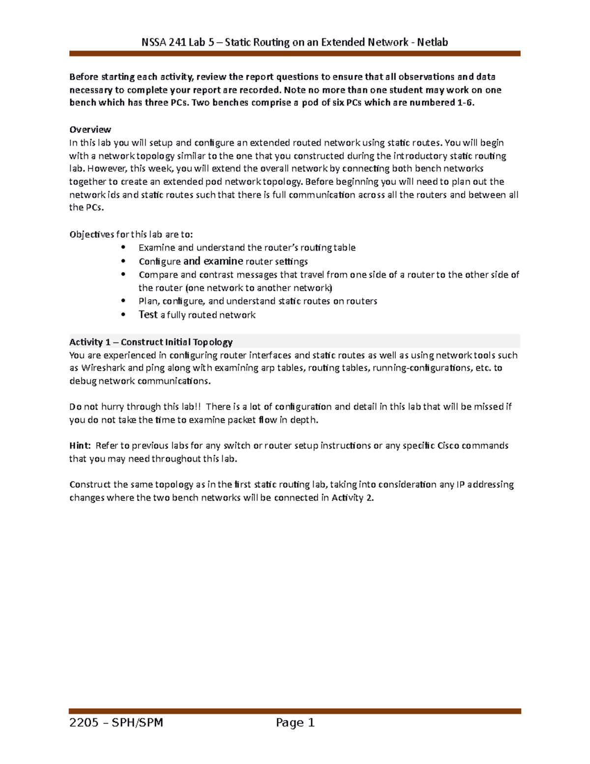 241 Lab5 Instructions Netlab 2205 - Before starting each activity, review the report questions ...