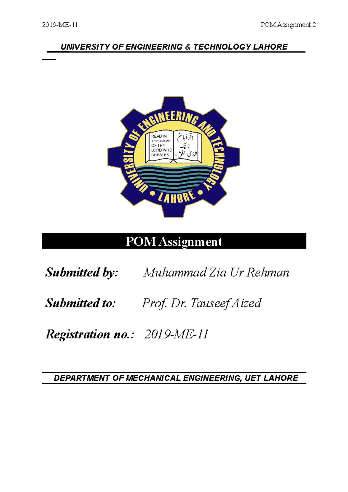 2019-ME-11 (POM Assignment 2) - UNIVERSITY OF ENGINEERING & TECHNOLOGY ...