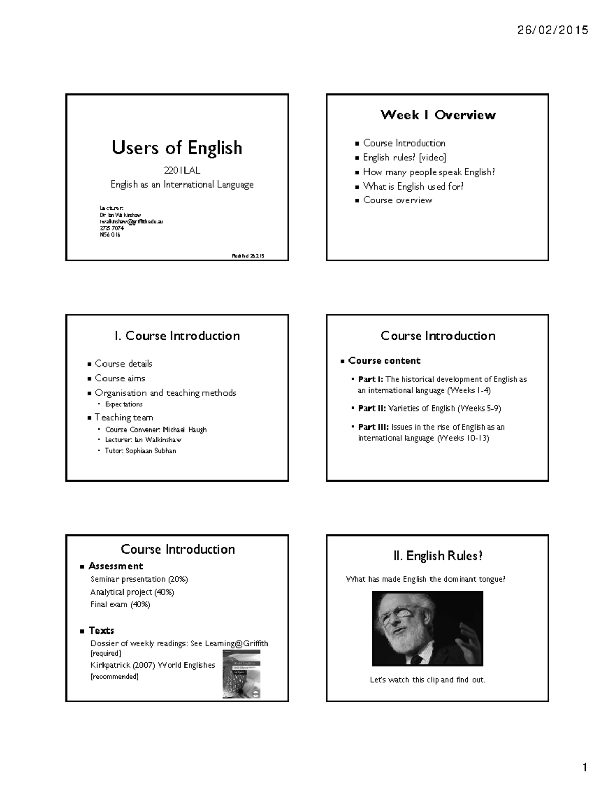 Lecture slides, lecture 1 - Users of English 2201LAL English as an ...