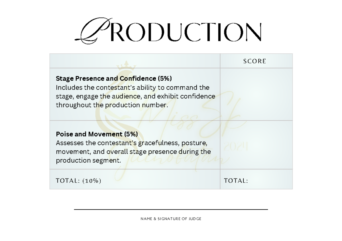 Criteria - SHVWSJH - P RODUCTION Stage Presence and Confidence (5% ...