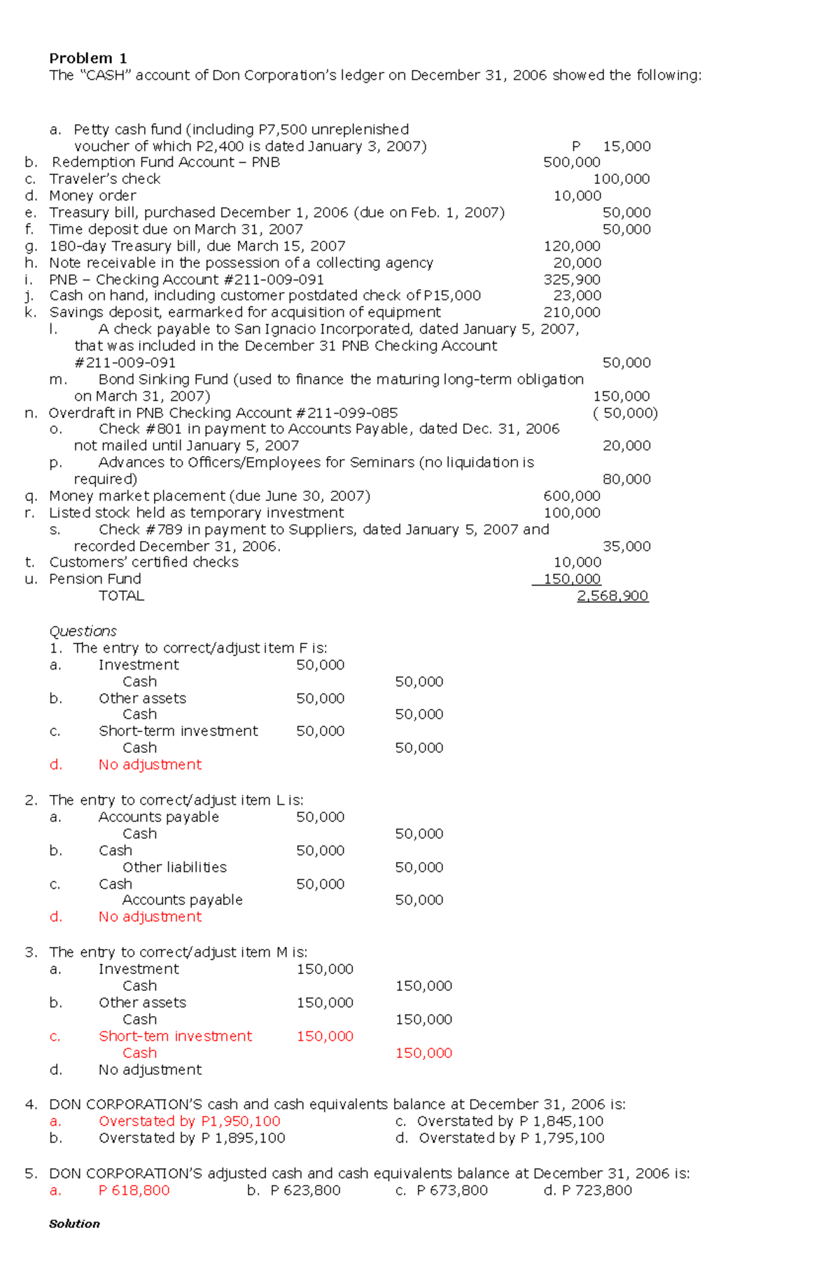 Problem 1 - dsdss - Problem 1 The “CASH” account of Don Corporation’s ...