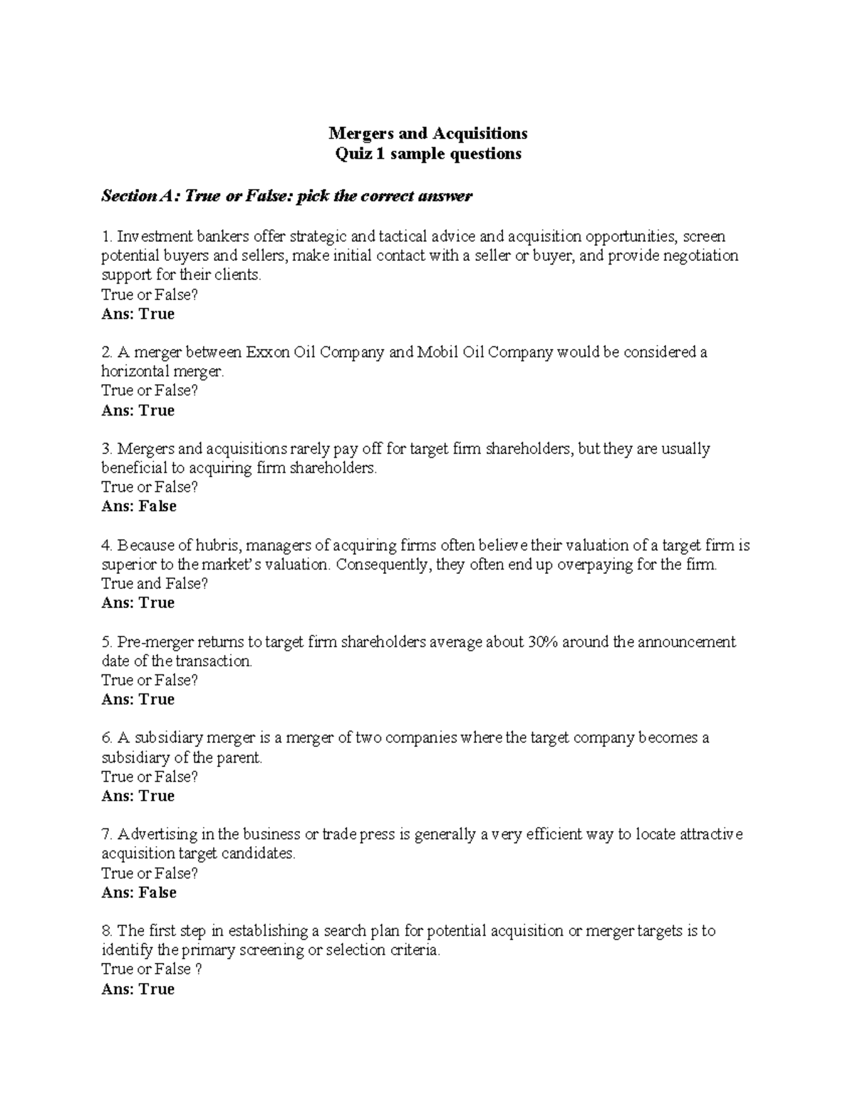 Quiz 1 sample questions with answers - Mergers and Acquisitions Quiz 1 ...