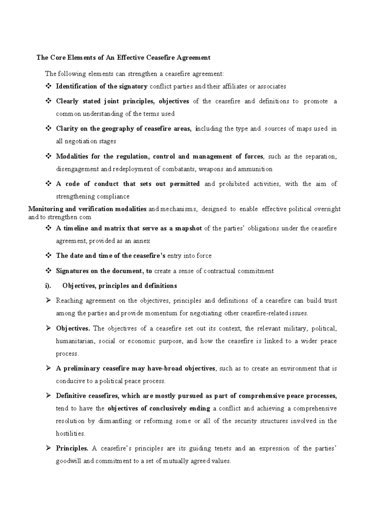 The Core Elements of An Effective Ceasefire Agreement - Objectives ...