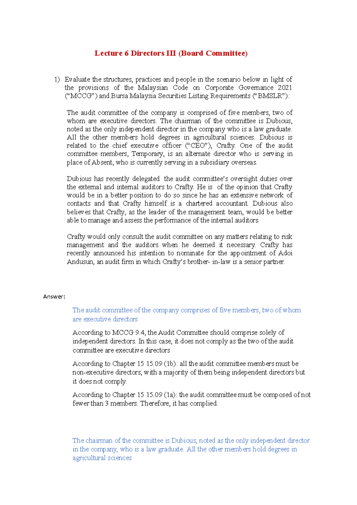 Lecture 6 Tutorial - Lecture 6 Directors III (Board Committee) Evaluate ...