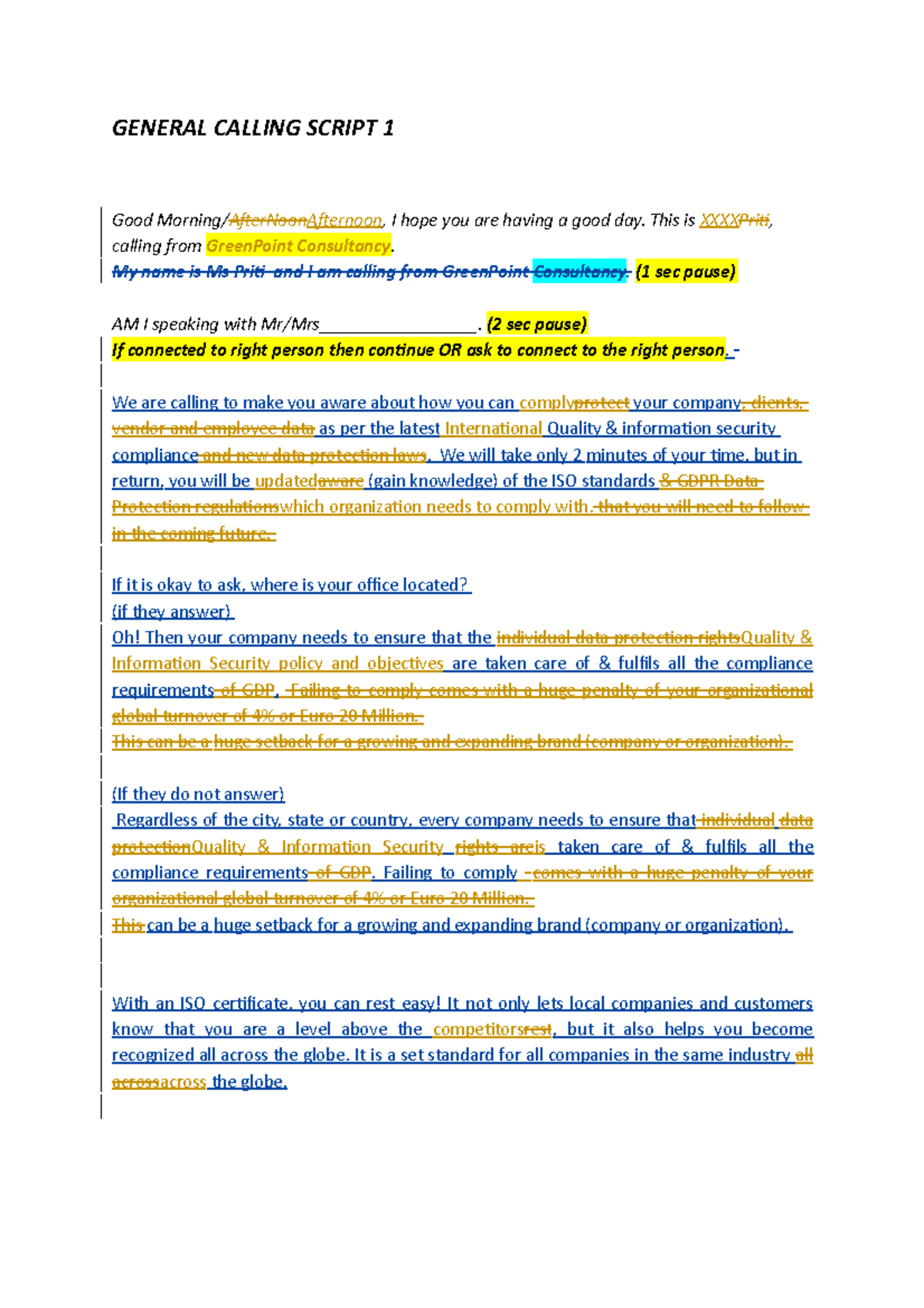 Calling process Calling script (003) - GENERAL CALLING SCRIPT 1 Good ...