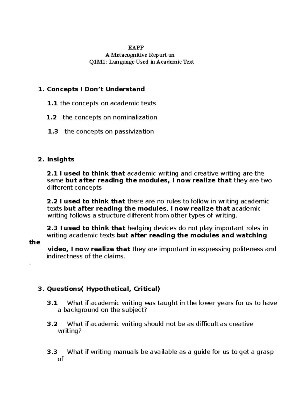 Sample of META Cognitive Report - EAPP A Metacognitive Report on Q1M1 ...