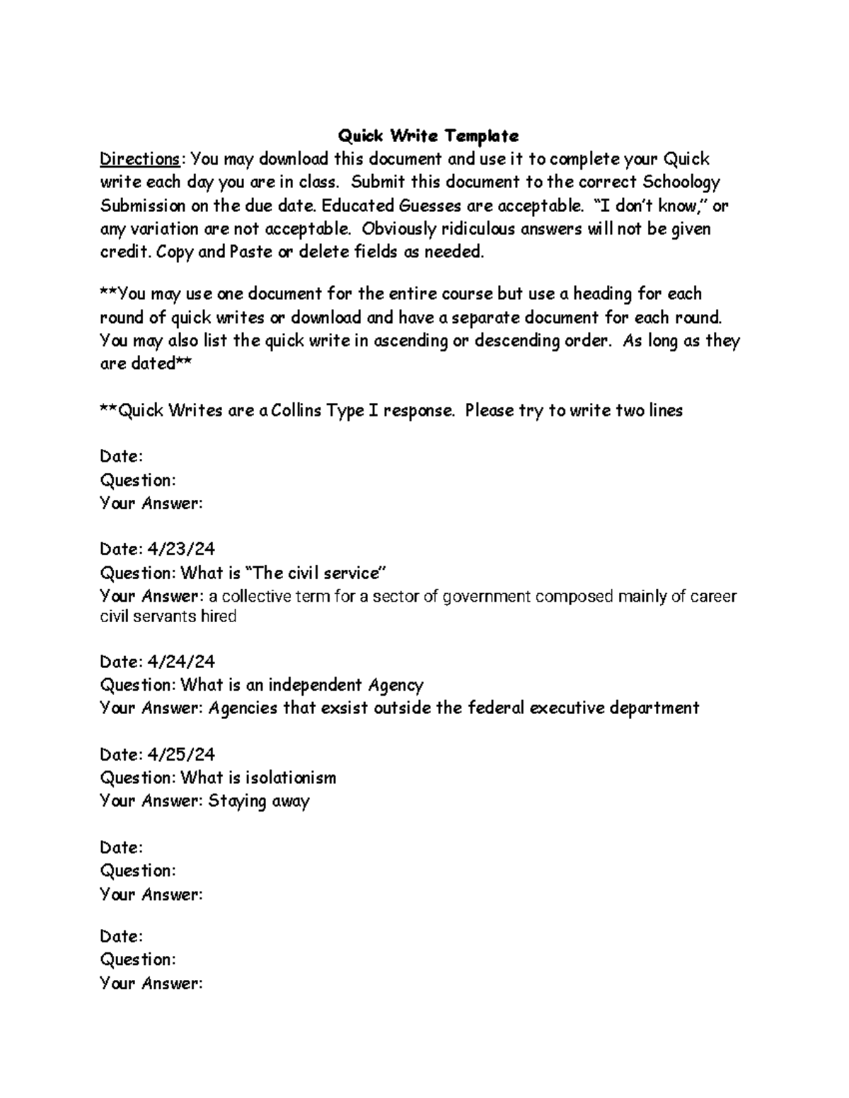 Quickwrite+Template (14) - Quick Write Template Directions: You may ...