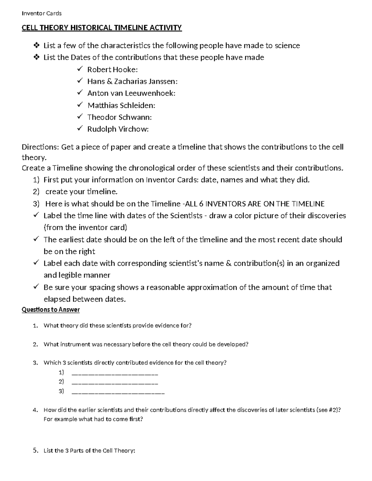 Cell theory activity - Inventor Cards CELL THEORY HISTORICAL TIMELINE ...