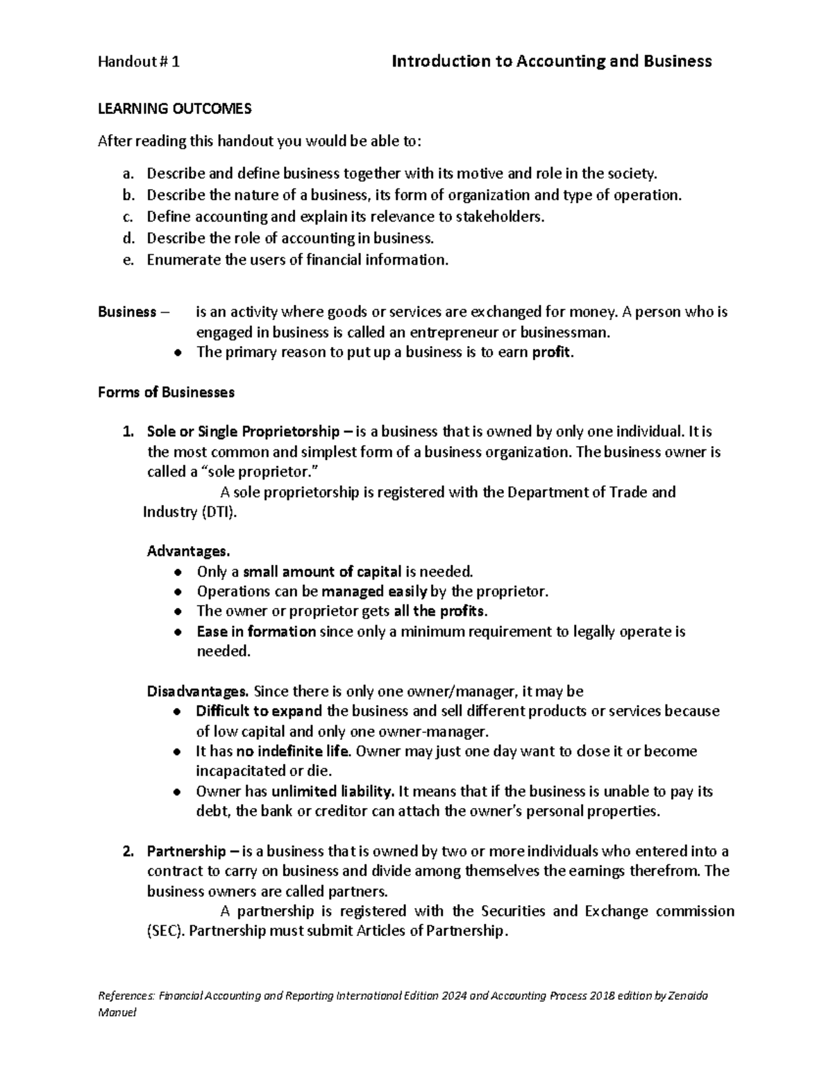 Handout 1 Introduction to Business and Accounting - References ...