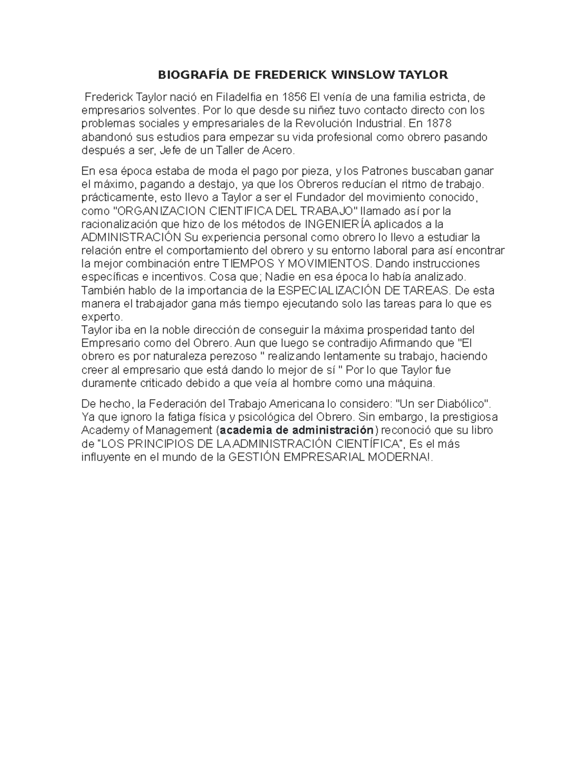 Biografía DE Frederick Winslow Taylor - BIOGRAFÍA DE FREDERICK WINSLOW ...