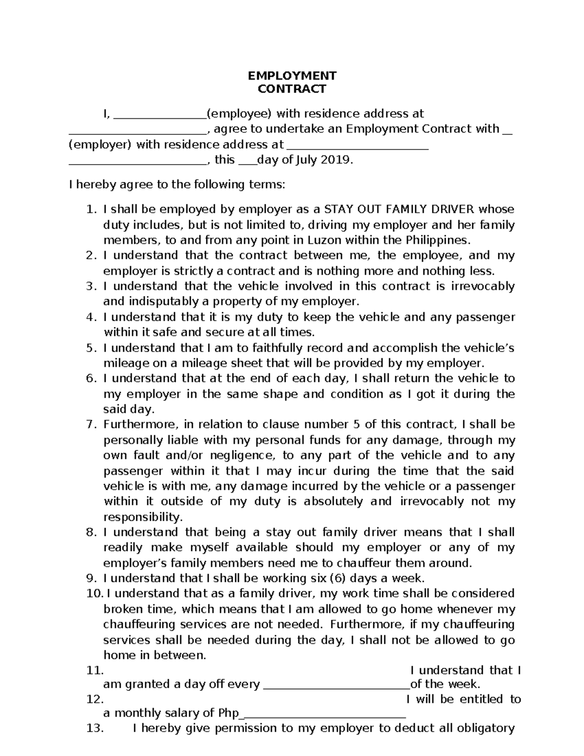 Employment contract family driver - EMPLOYMENT CONTRACT I, (employee ...