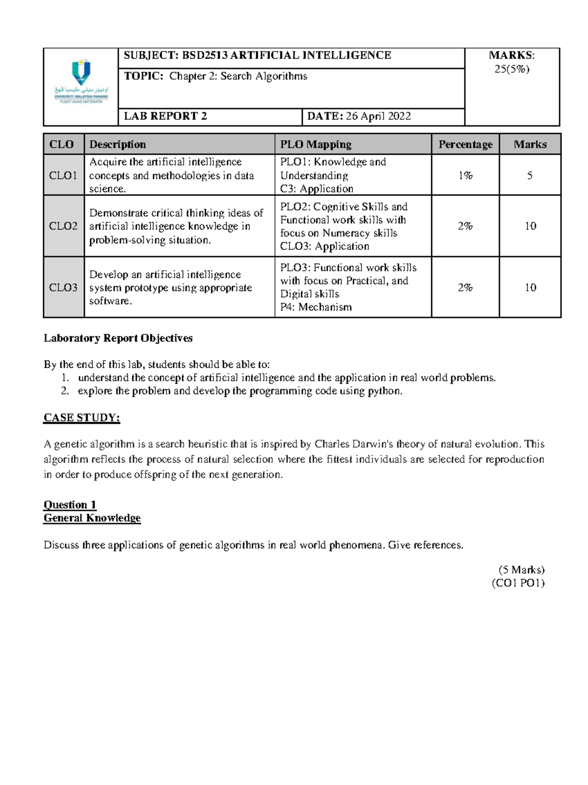 Lab Report BSD2513 #2 - SUBJECT: BSD2513 ARTIFICIAL INTELLIGENCE MARKS ...