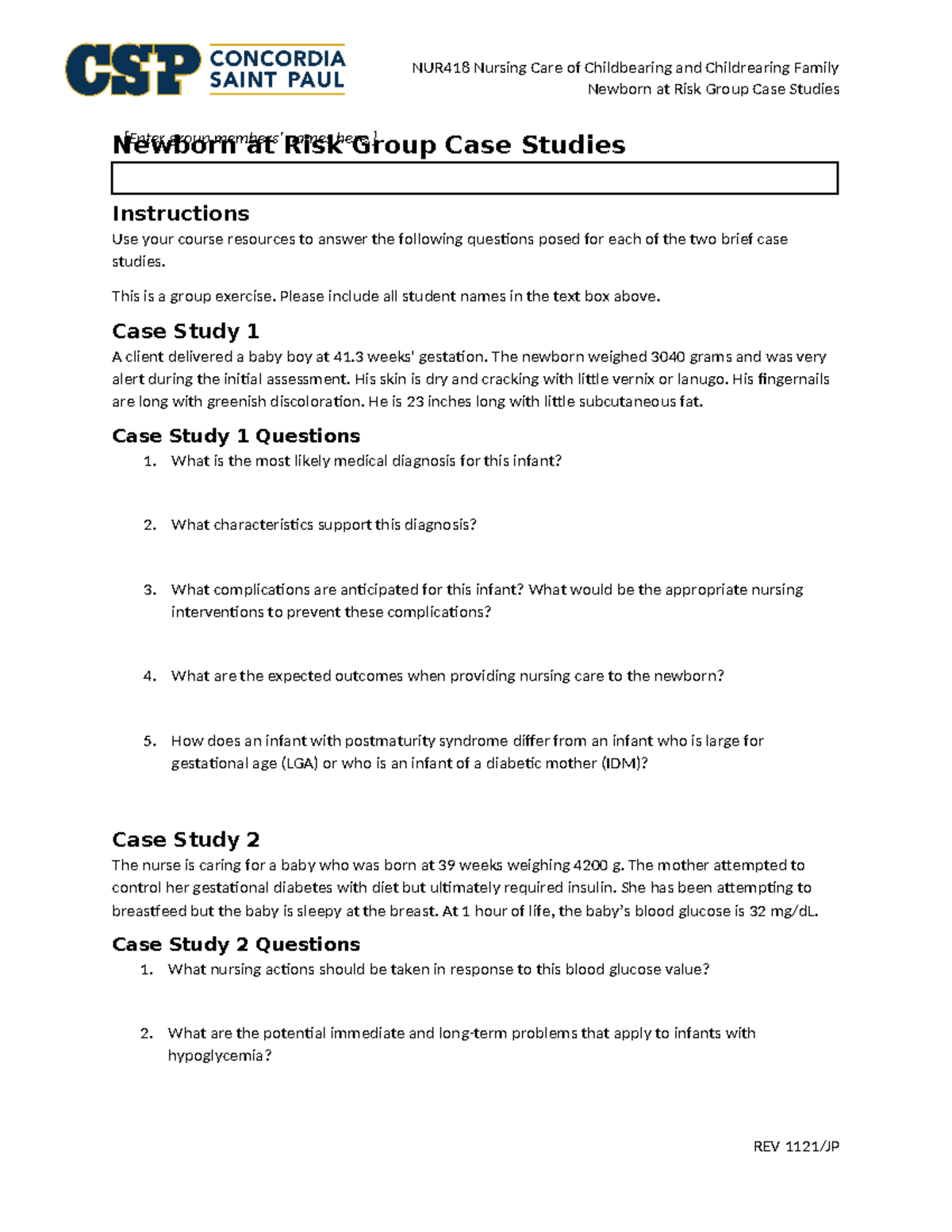 NUR418 Newborn at Risk Group Case Studies - NUR418 Nursing Care of ...