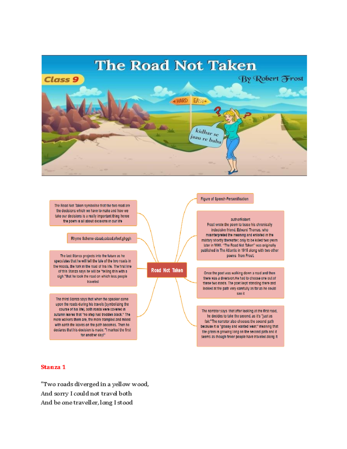 ROAD NOT Taken Thinksheet - Stanza 1 "Two roads diverged in a yellow ...