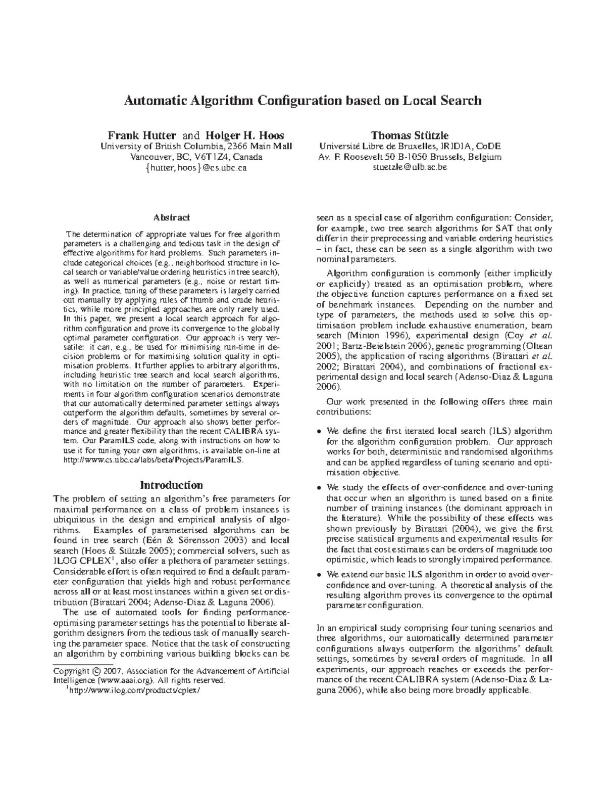 Automatic Algorithm Configuration Based On Local Search Hoos University Of British Columbia