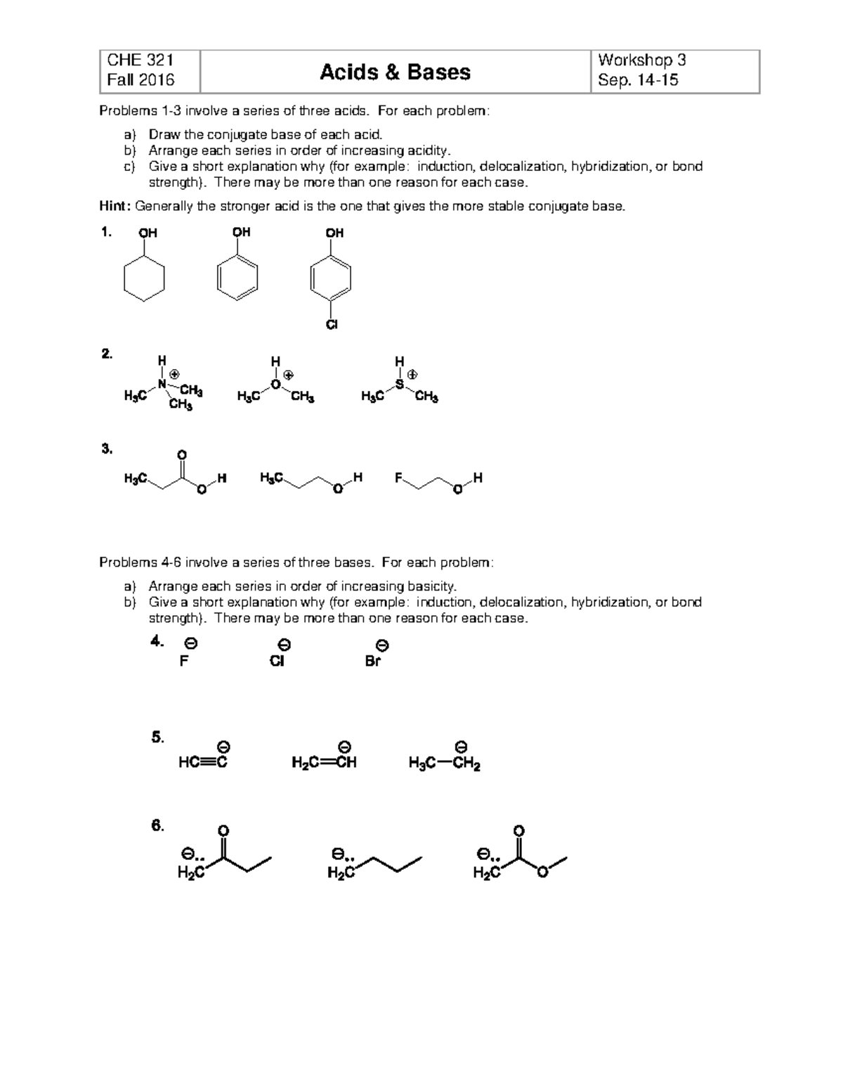 Assignment 3 - Acids and Bases - CHE 321 Fall 2016 Acids Bases Workshop ...