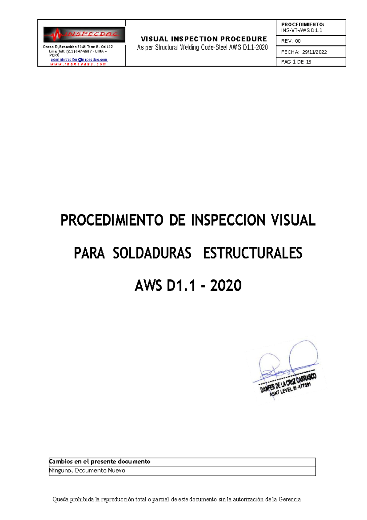 INS-VT-AWS-D1.1 Procedimiento DE Inspeccion Visual - Ninguno, Documento ...
