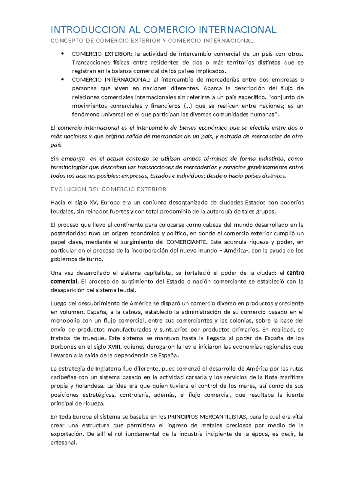 Intro - INTRODUCCION AL COMERCIO INTERNACIONAL CONCEPTO DE COMERCIO ...