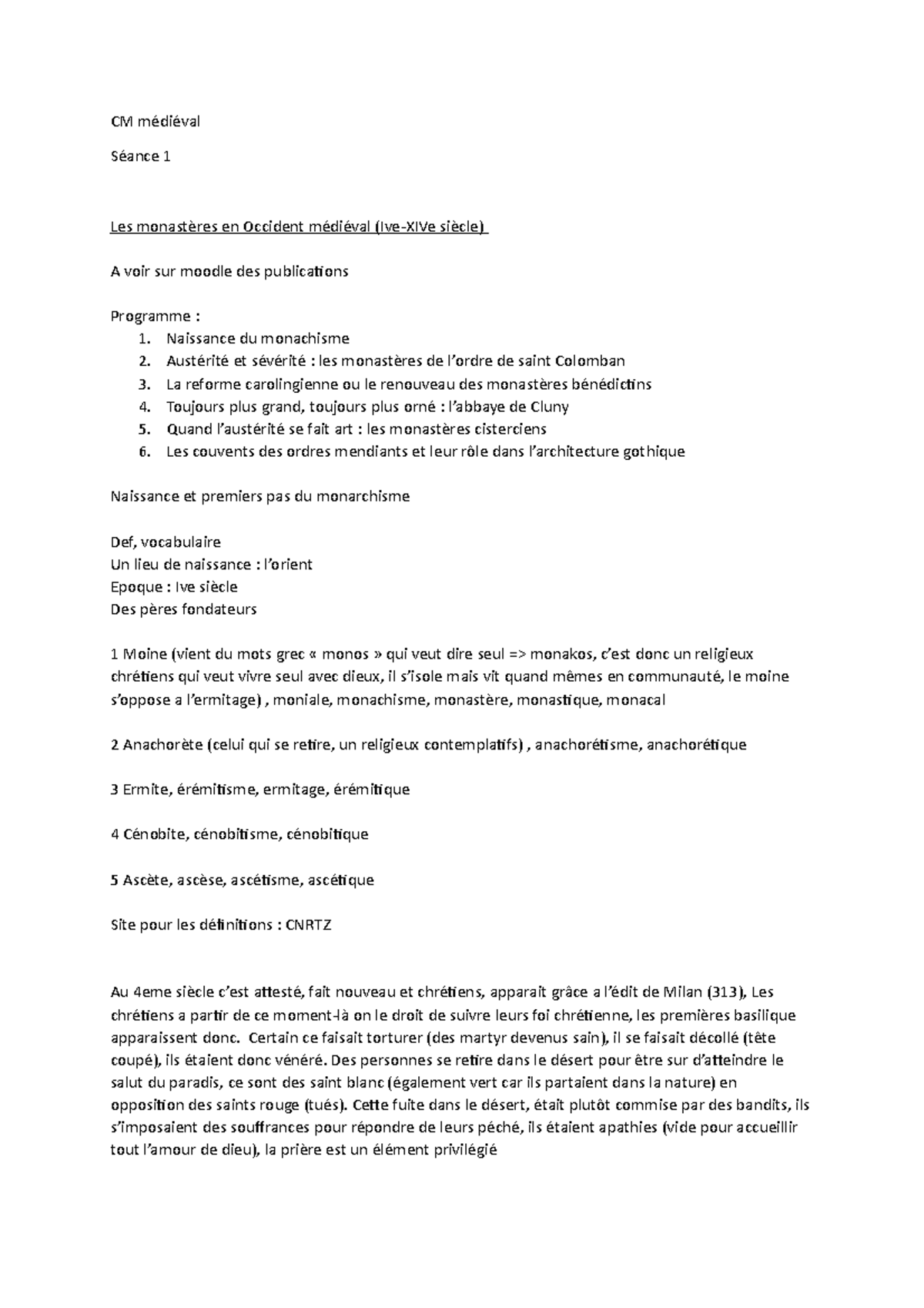 CM médiéval - Lecture de note en HDA, cours medieval - CM médiéval Séance 1 Les monastères en ...