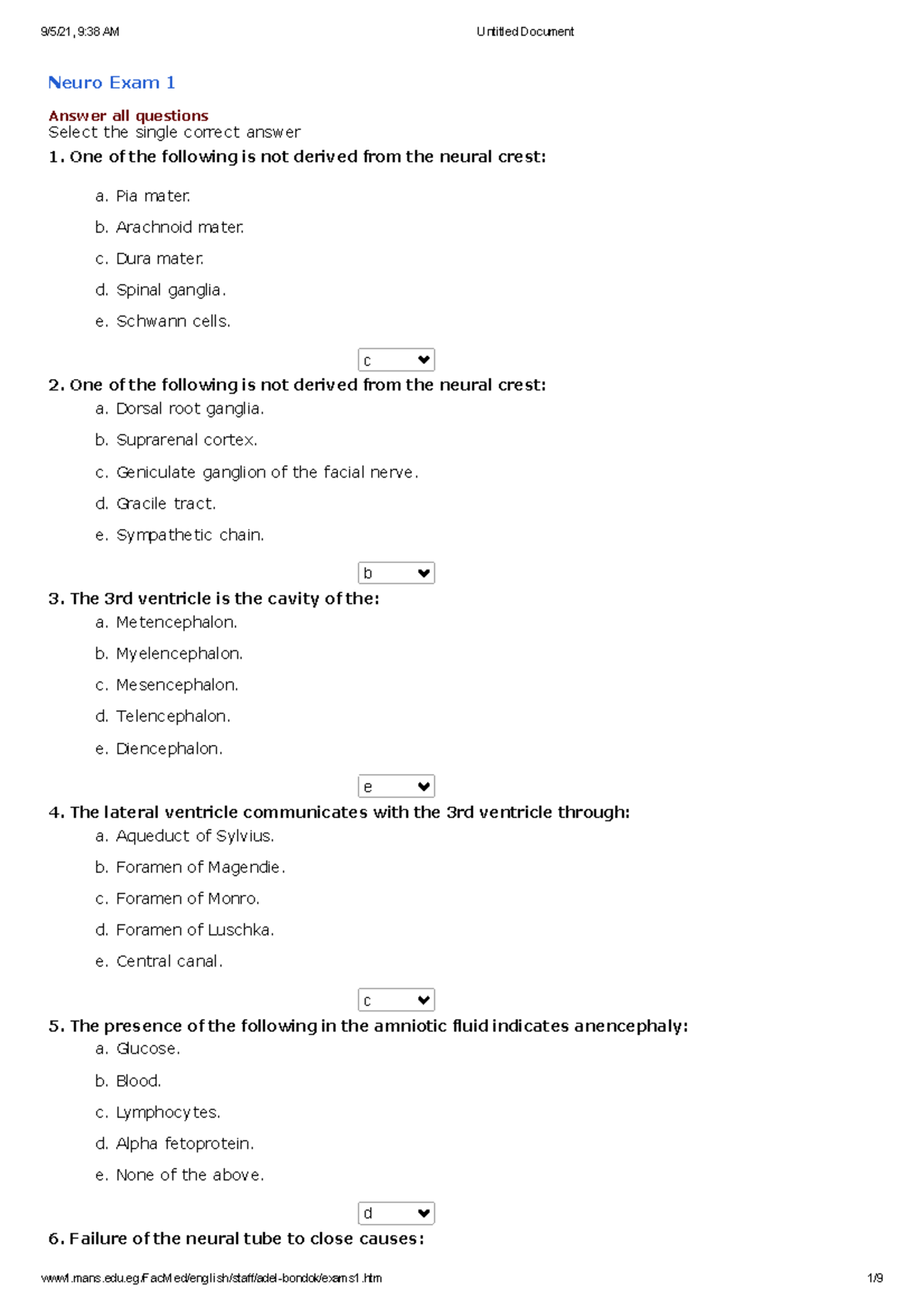 Neuro 1 - Practice material for revision - Neuro Exam 1 Answer all ...