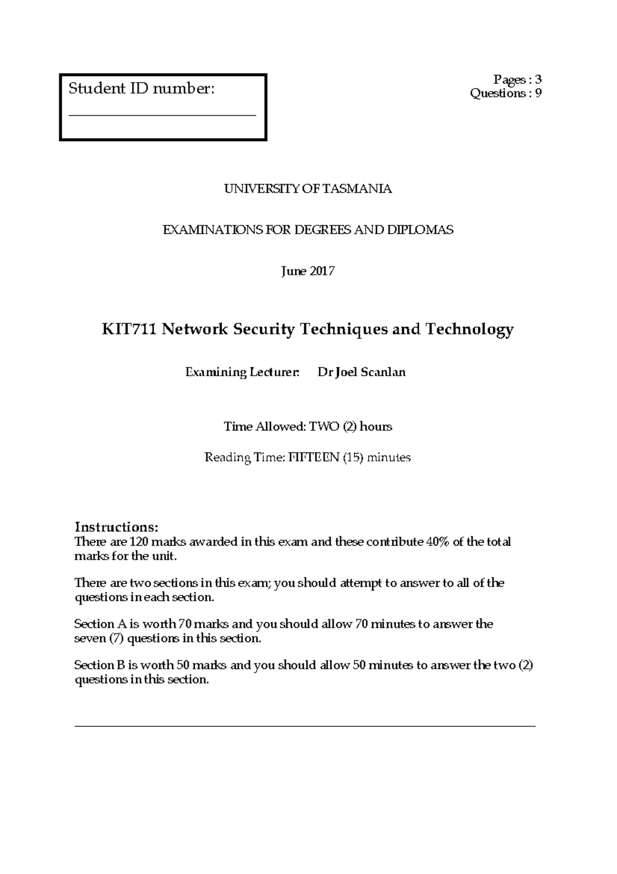 KIT711-1-2017 - KIT711 Past Exam 2017 - Pages : 3 Questions : 9 ...