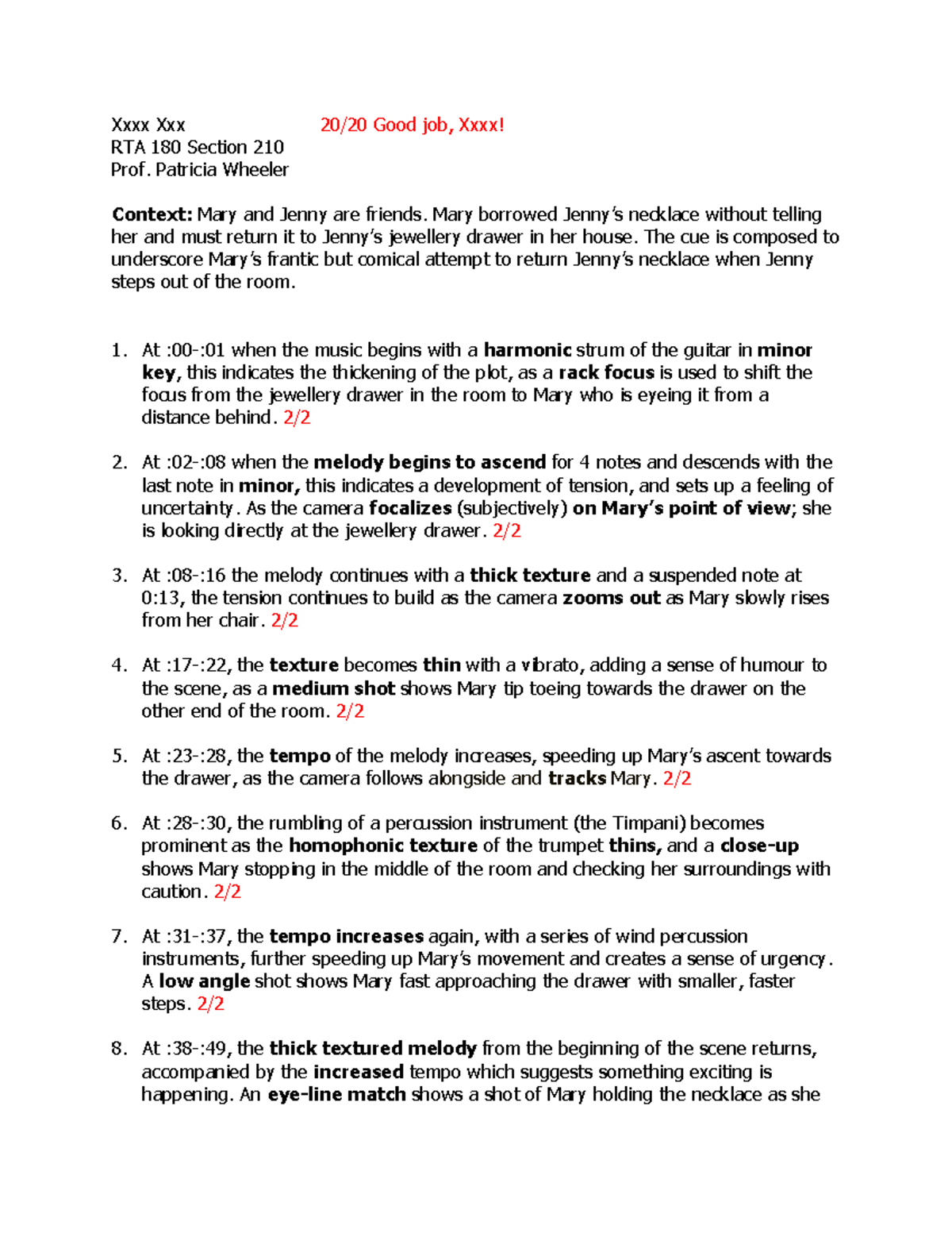 Good Assignment 2d - Sample - Xxxx Xxx 20/20 Good job, Xxxx! RTA 180 ...