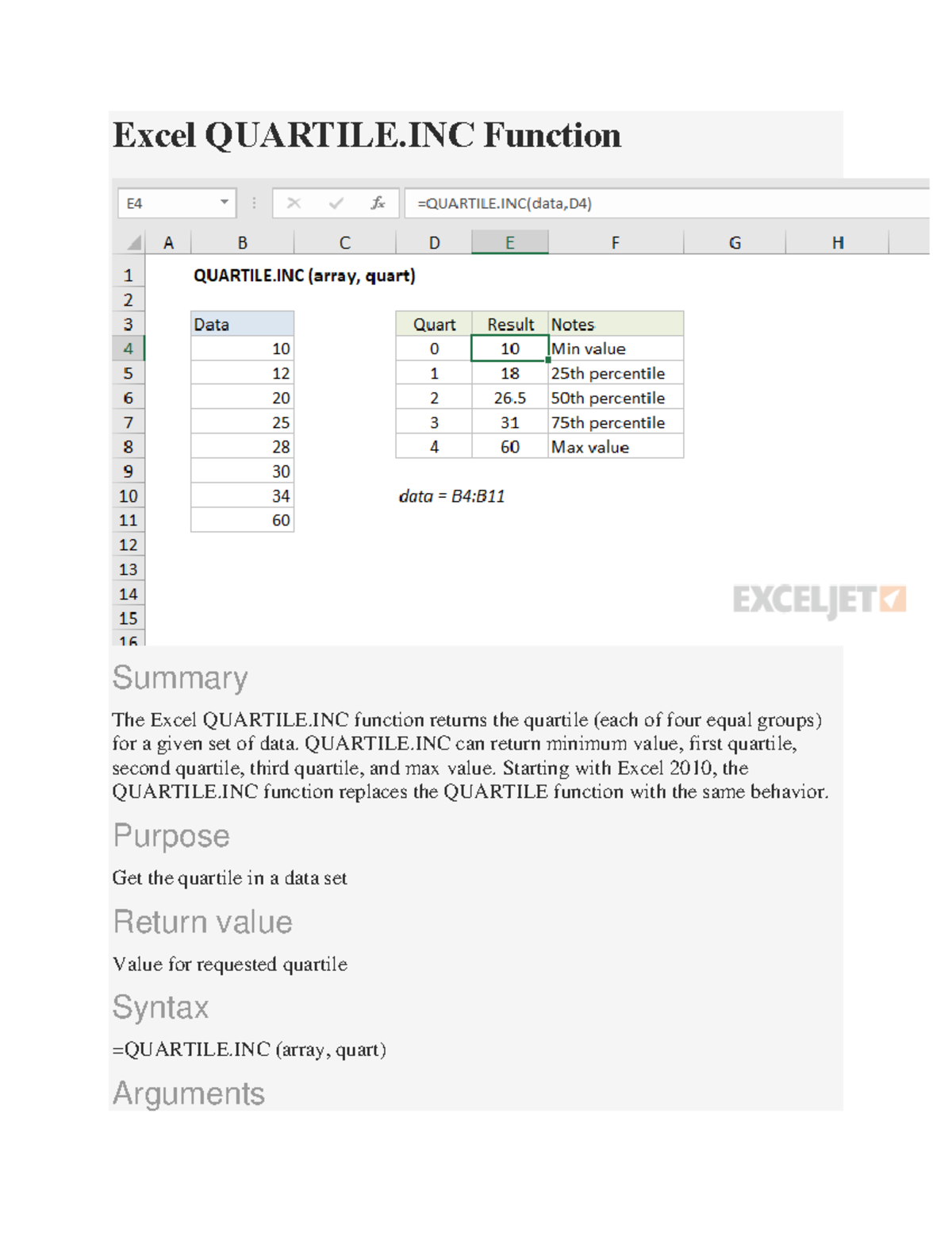 Csis2010 Excel Quartileinc Function Excel Quartile Function Summary The Excel Quartile