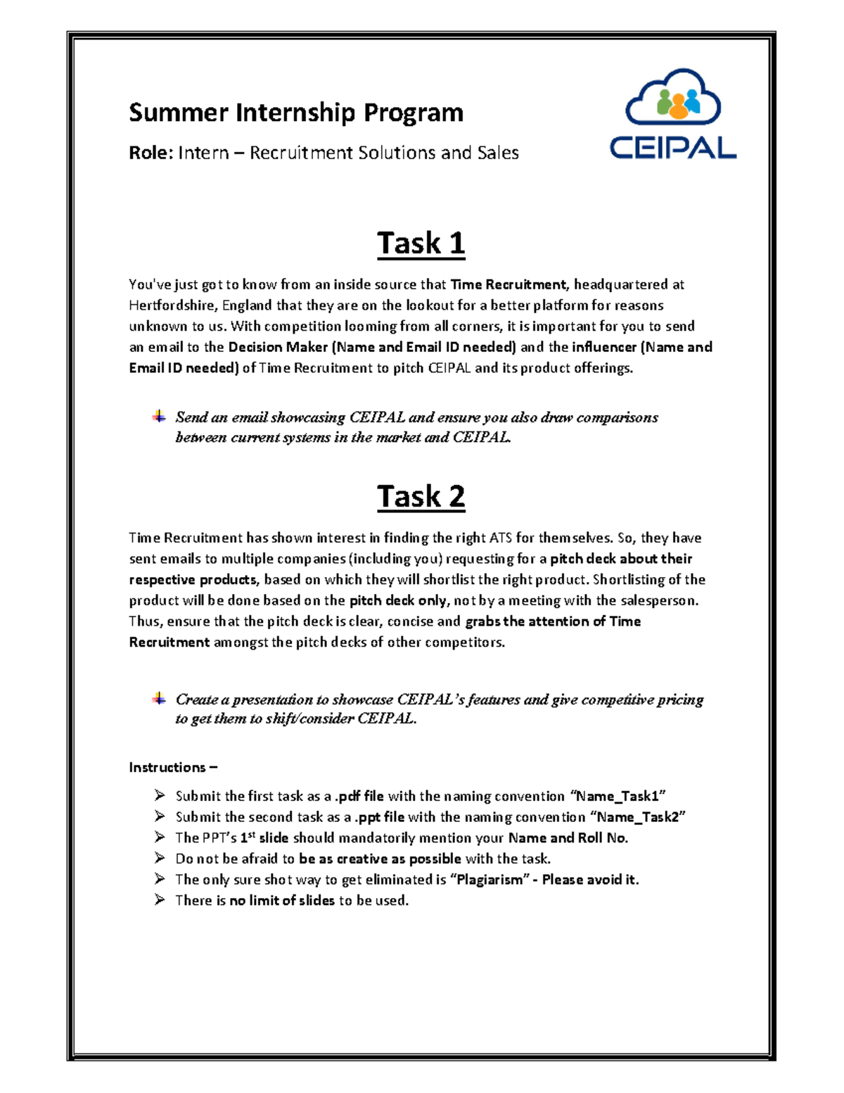 Ceipal SIP Task - selling - Summer Internship Program Role: Intern ...