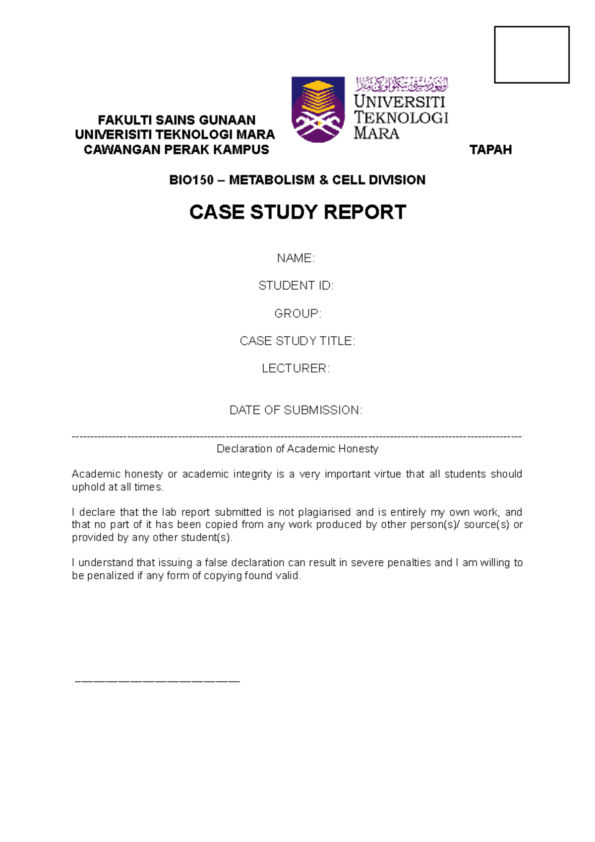 BIO150 Front Cover CASE Study Report BIO150 - FAKULTI SAINS GUNAAN ...