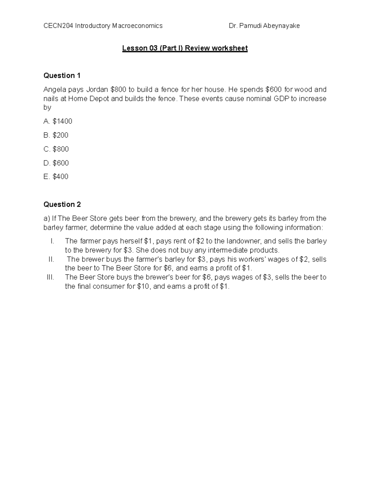 Lesson 03 (Part I) Review worksheet - CECN204 Introductory ...