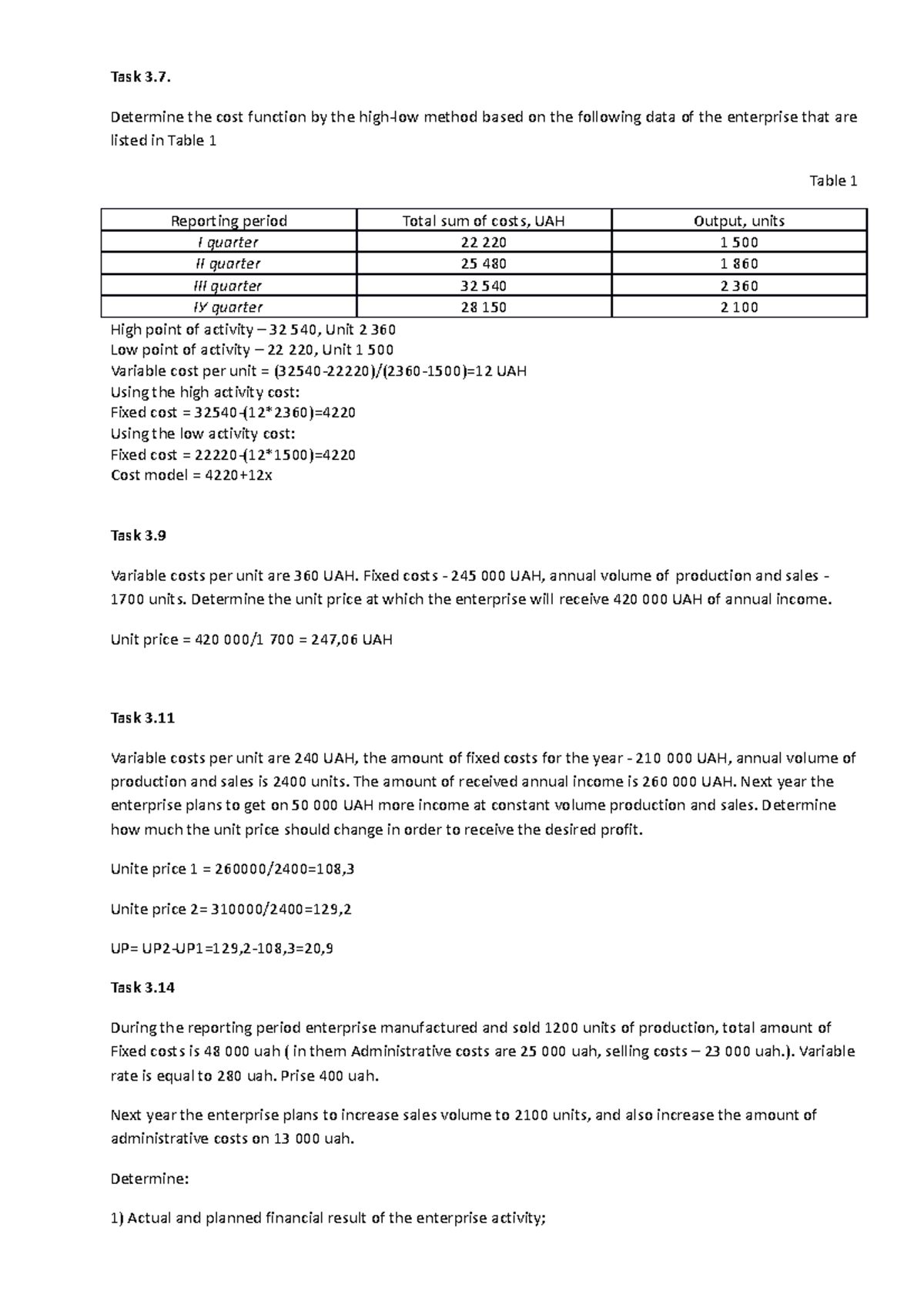 Practical Tasks, 3 - Task 3. Determine the cost function by the high-low method based on the ...