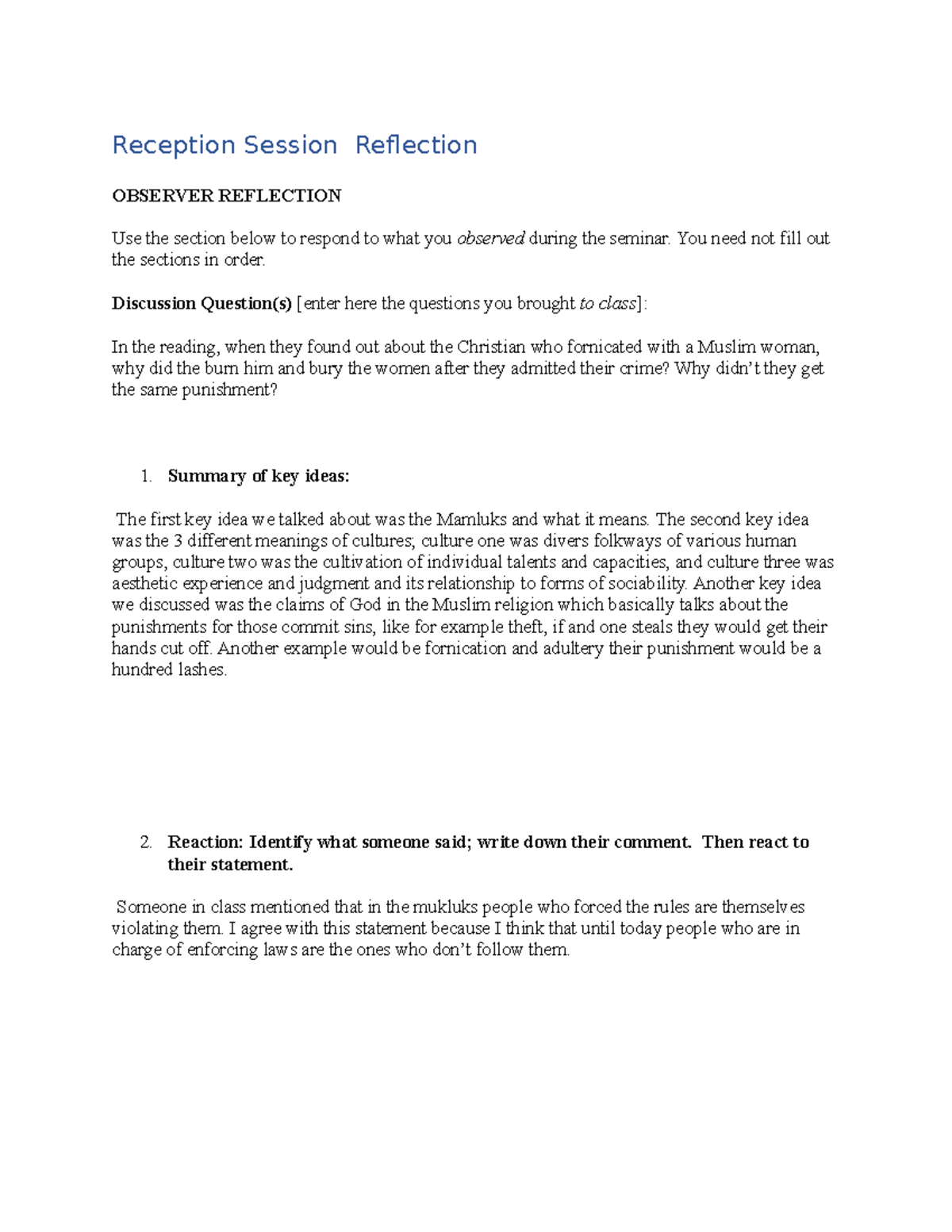 Reception Seminar Sheet - Reception Session Reflection OBSERVER ...