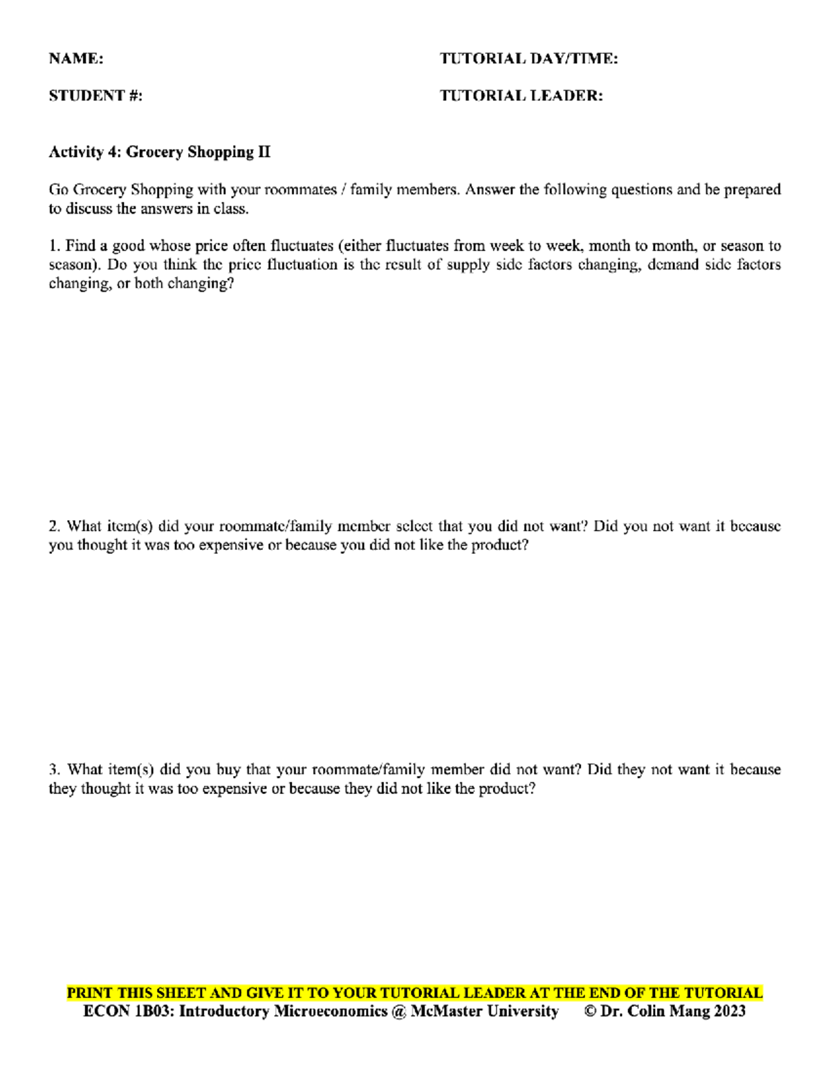 Activity 4 - ECON 1B03 Introductory Microeconomics - Econ 1B03 - Studocu