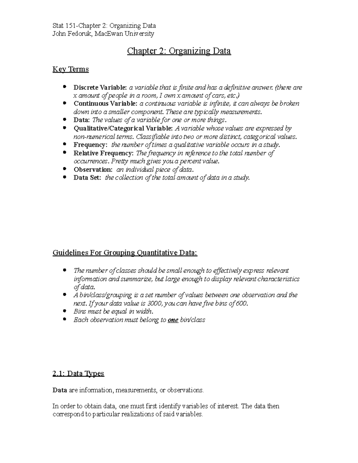 Stat151Ch2 - notes - John Fedoruk, MacEwan University Chapter 2 ...