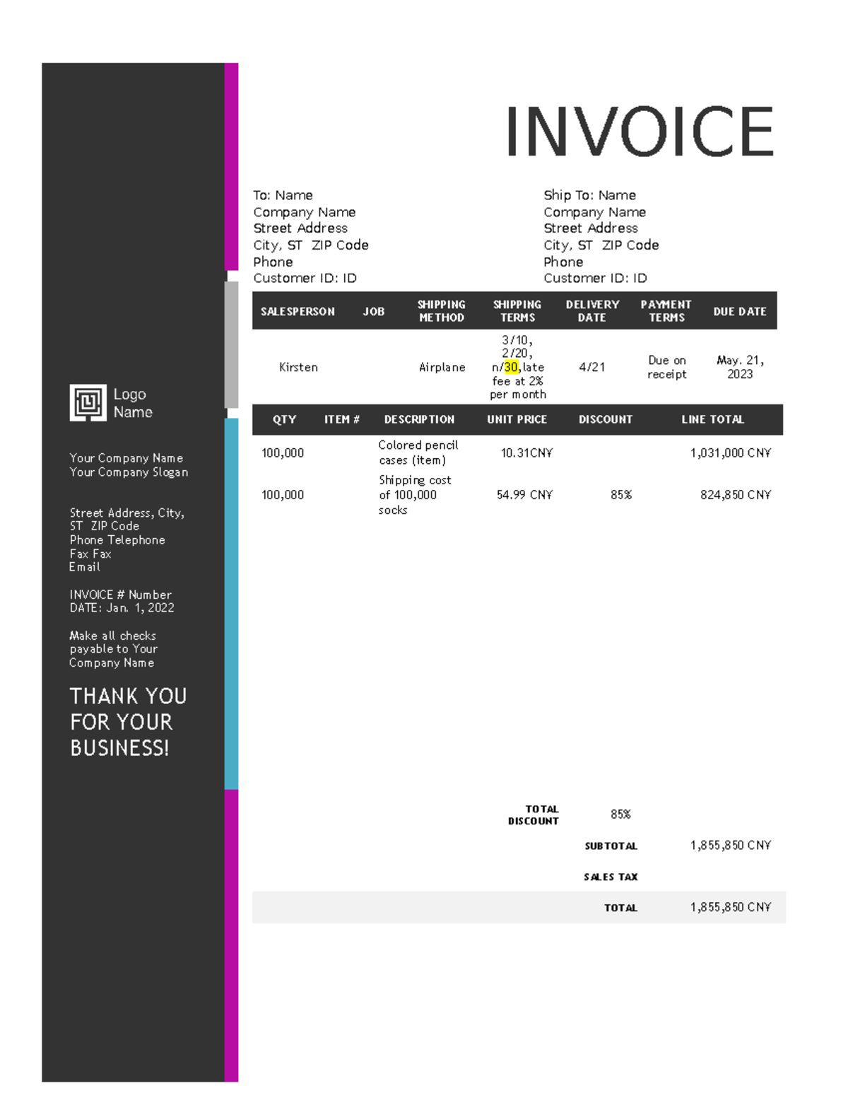Logistics Grasp Assignment Invoice - Your Company Name Your Company ...