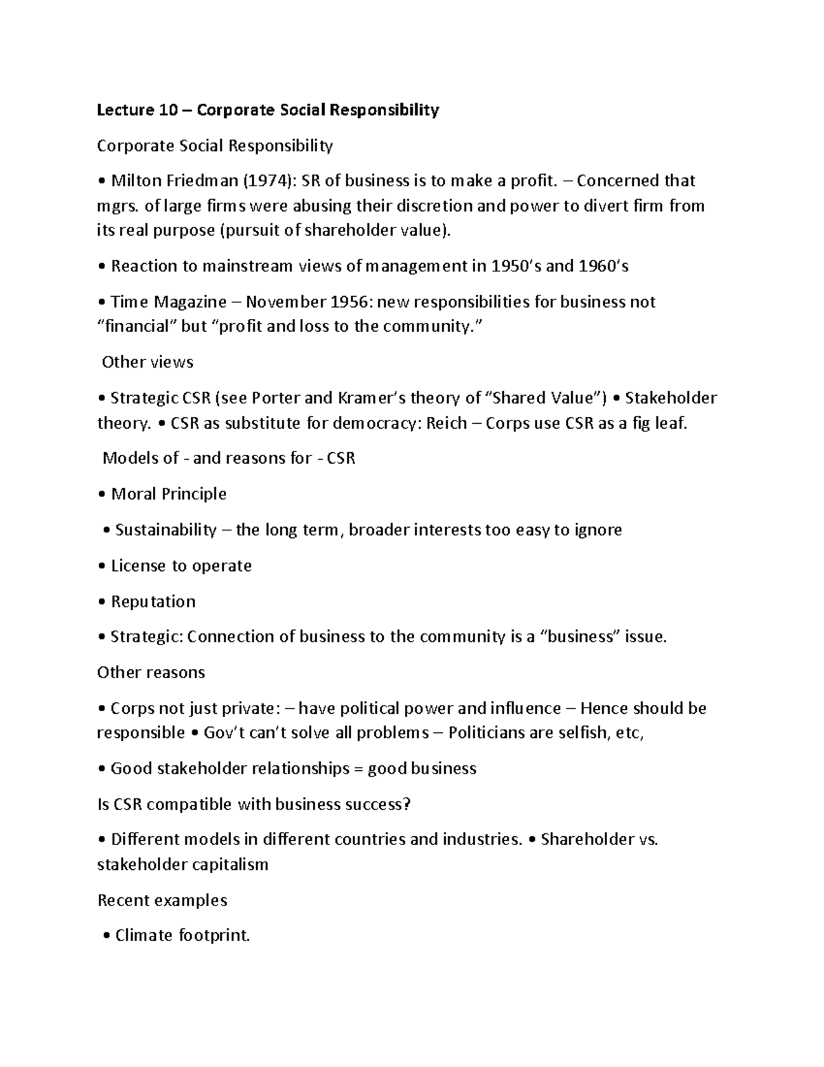 AP-SOSC-2340 Lecture notes 9 - Lecture 10 – Corporate Social ...