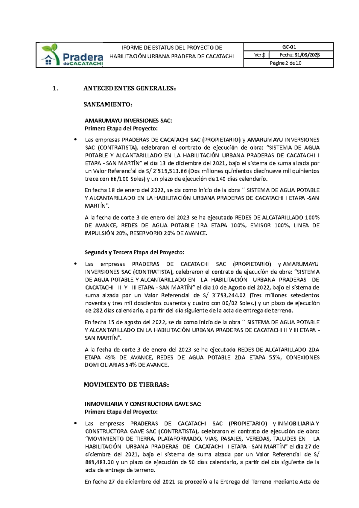 Avance DE OBRA - DOCUMENTOS DE OBRA - IFORME DE ESTATUS DEL PROYECTO DE ...