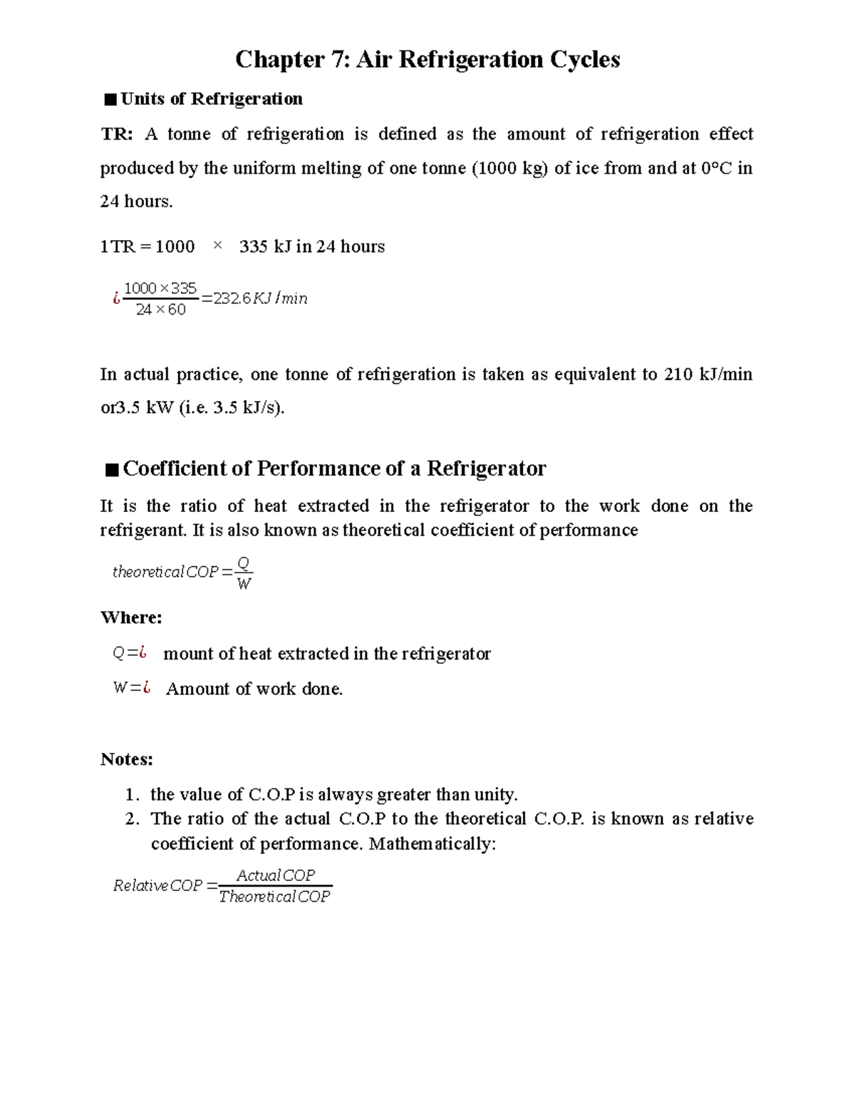refrigeration summary - Chapter 7: Air Refrigeration Cycles Units of ...