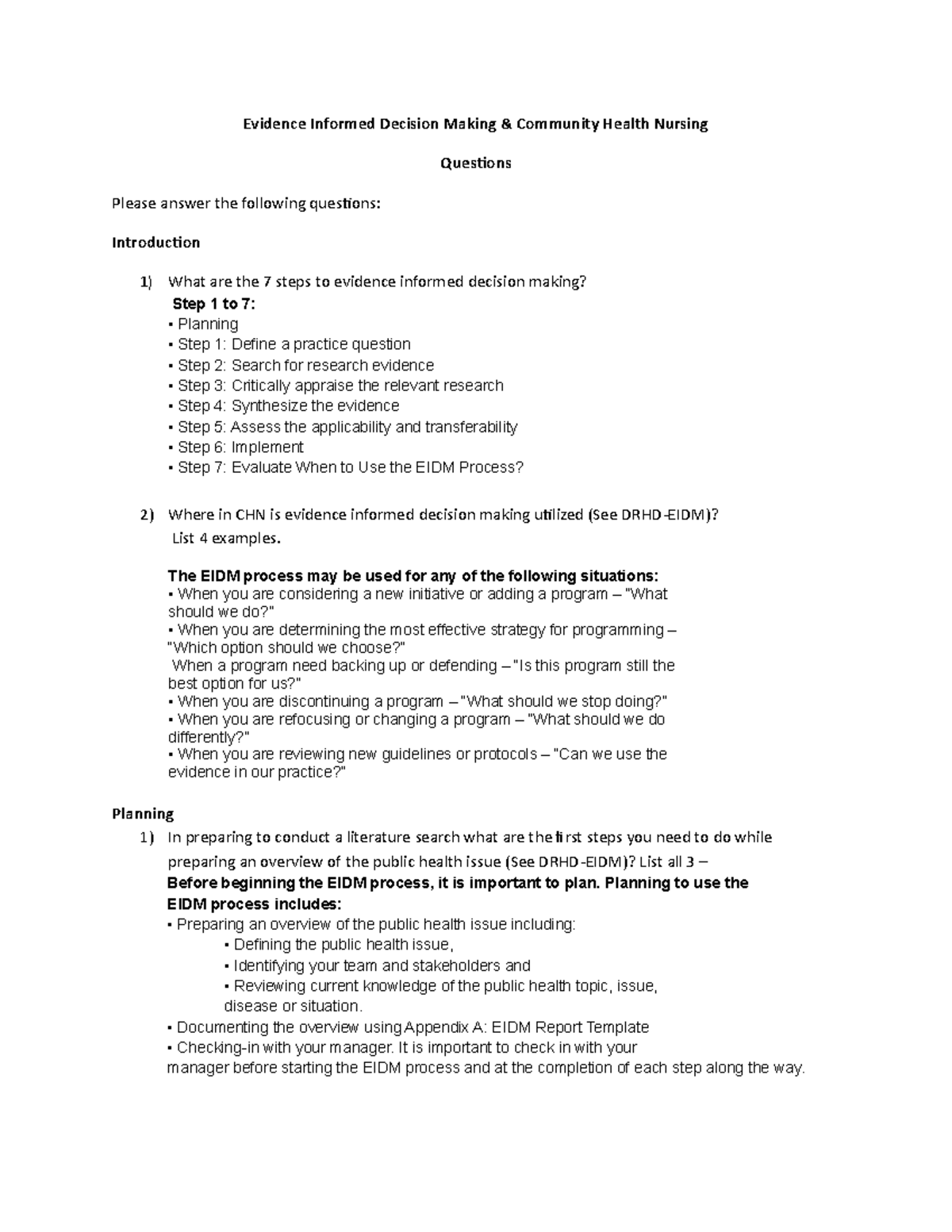 EIDM Questions Assignment - Evidence Informed Decision Making ...