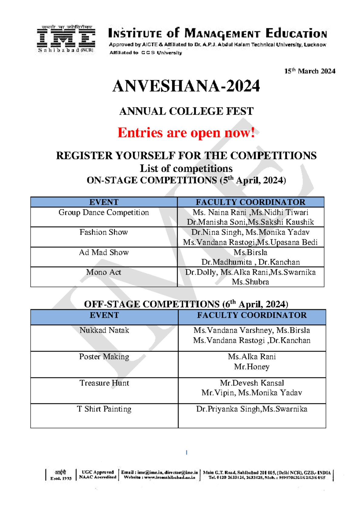 Anveshana-IME - 15 th March 2024 ANVESHANA- 2024 ANNUAL COLLEGE FEST ...